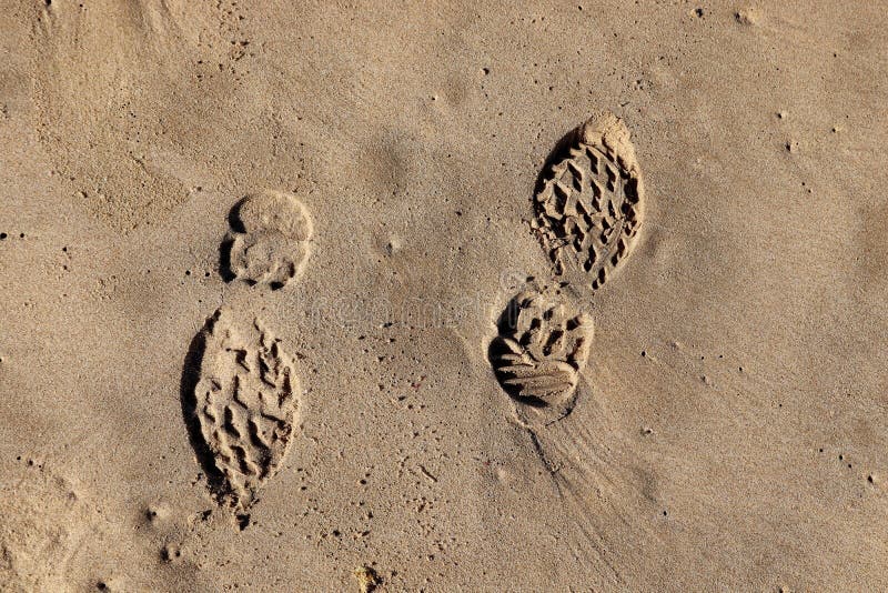 High Angle Shot of Two Foot Prints on the Sands of the Beach Stock ...
