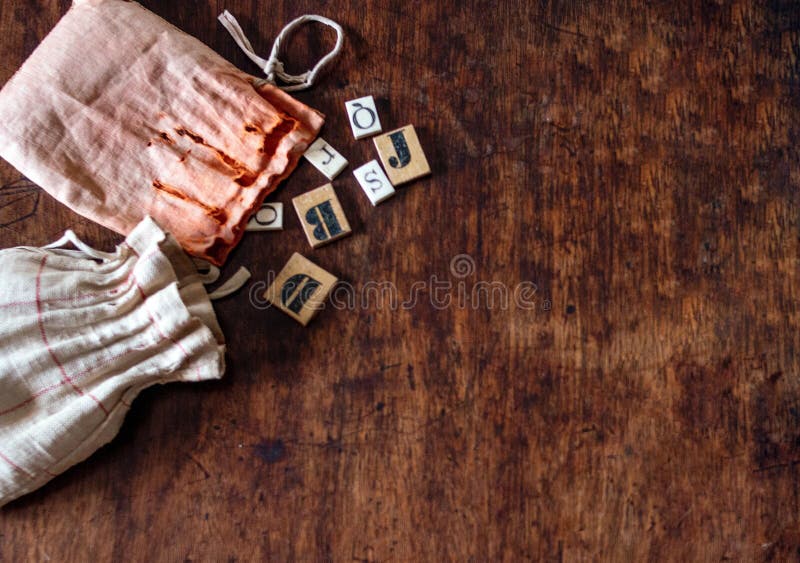 High Angle Shot of a Wooden Table with Game Blocks with Letters Stock ...