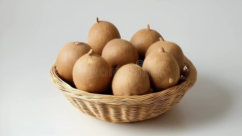 Light Brown Round Objects in Wicker Basket White Background Stock ...
