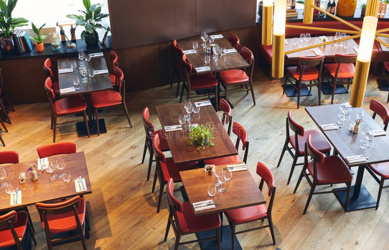 High Angle of Tables Set in Restaurant Interior Stock Photo - Image of ...