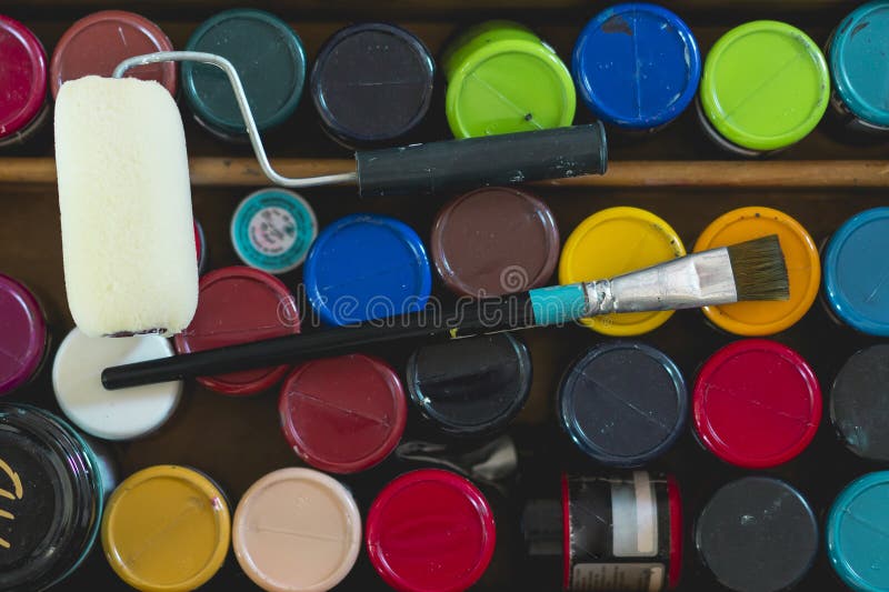 High Angle View of Acrylics and Other Elements of a Painter Artist. Art ...