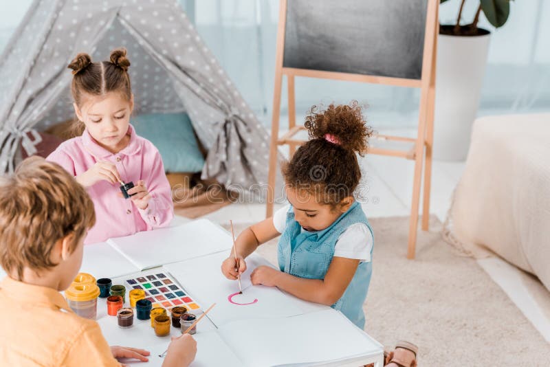 High Angle View of Adorable Little Multiethnic Kids Stock Photo - Image ...