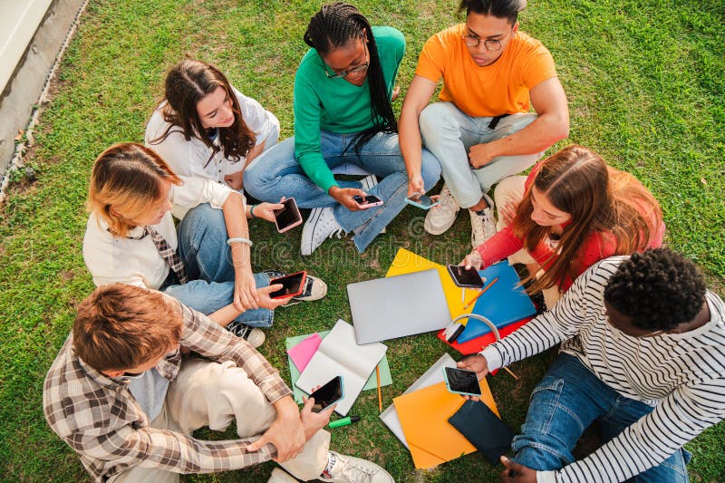 High Angle View or Aerial of a Group of Students Sitting on a Circle at ...
