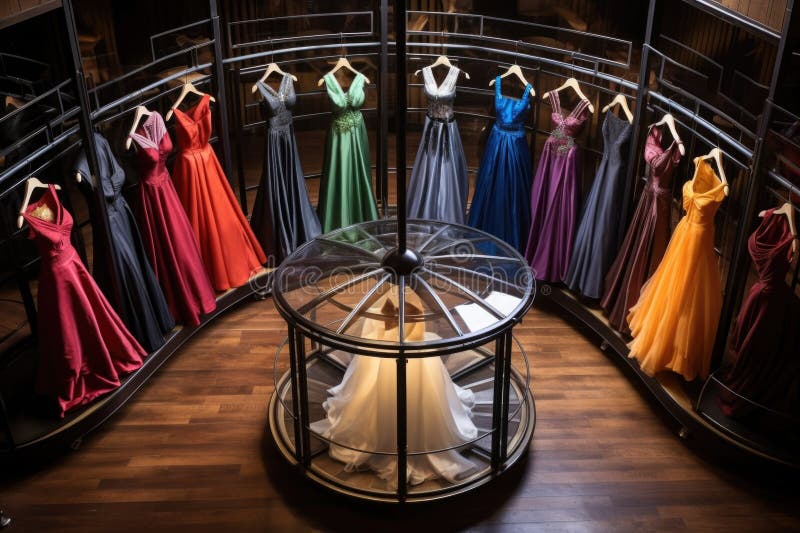 High Angle View of Assorted Evening Dresses on a Circular Rack Stock ...