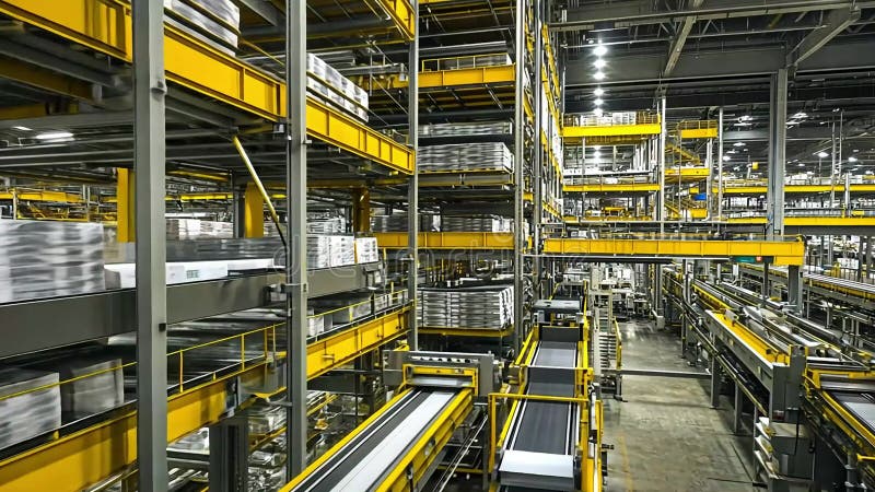 High-angle View of an Automated Warehouse with Yellow Conveyor Belts ...