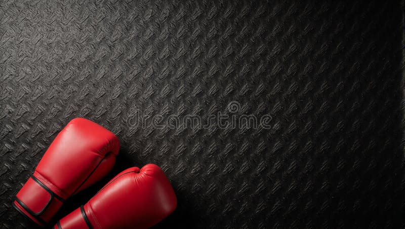 High Angle View of Black Rubber Mat with Vibrant Red Boxing Gloves in ...
