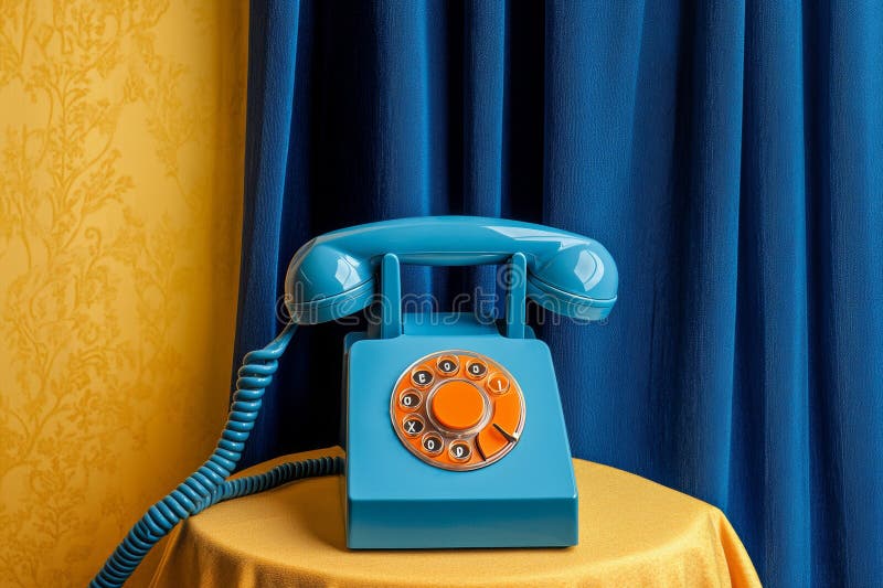 High Angle View of a Blue Telephone with Orange Buttons on a Table ...