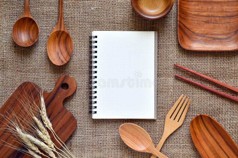 High Angle View, Book for Recipe Notes with Kitchen Equipment. Stock ...