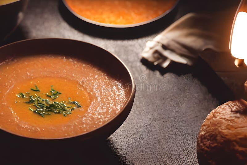 High-angle View of a Bowl of Orange Soup with Green Dressing Placed on ...