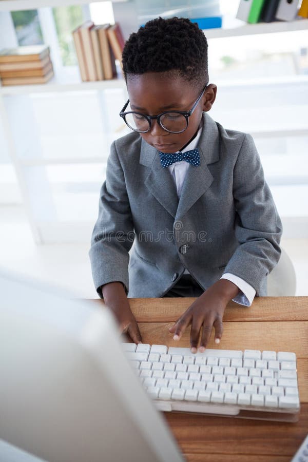 High Angle View of Businessman Wearing Eyeglasses Using Computer Stock ...