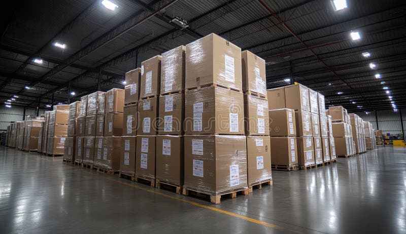 High Angle View of Cardboard Boxes Stacked on Pallets in a Well Lit ...