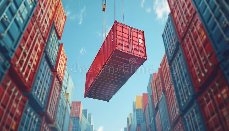 A High Angle View of a Cargo Crane Lifting a Red Container at a ...