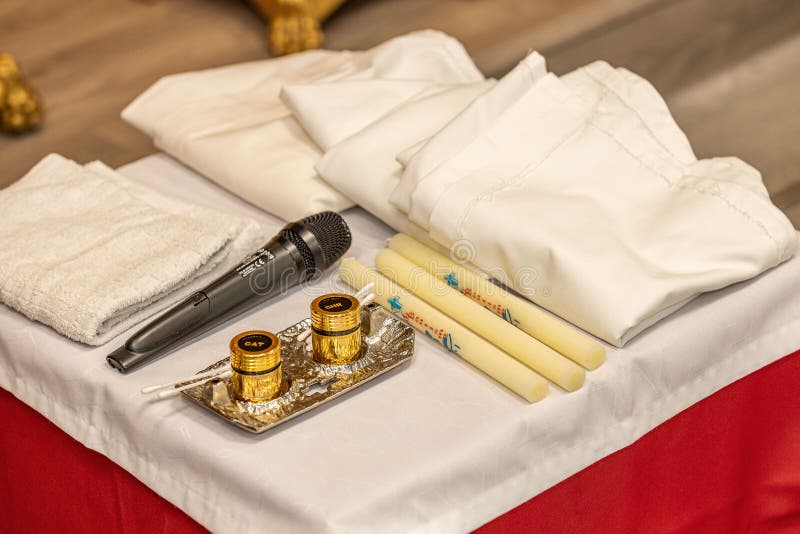 High-angle View of Catholic Religion Baptism Objects on a Table Stock ...