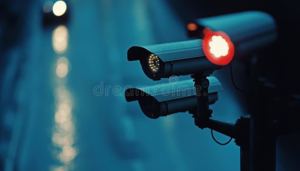 High Angle View of Cctv and Security Cameras with Blurred Tail Lights ...
