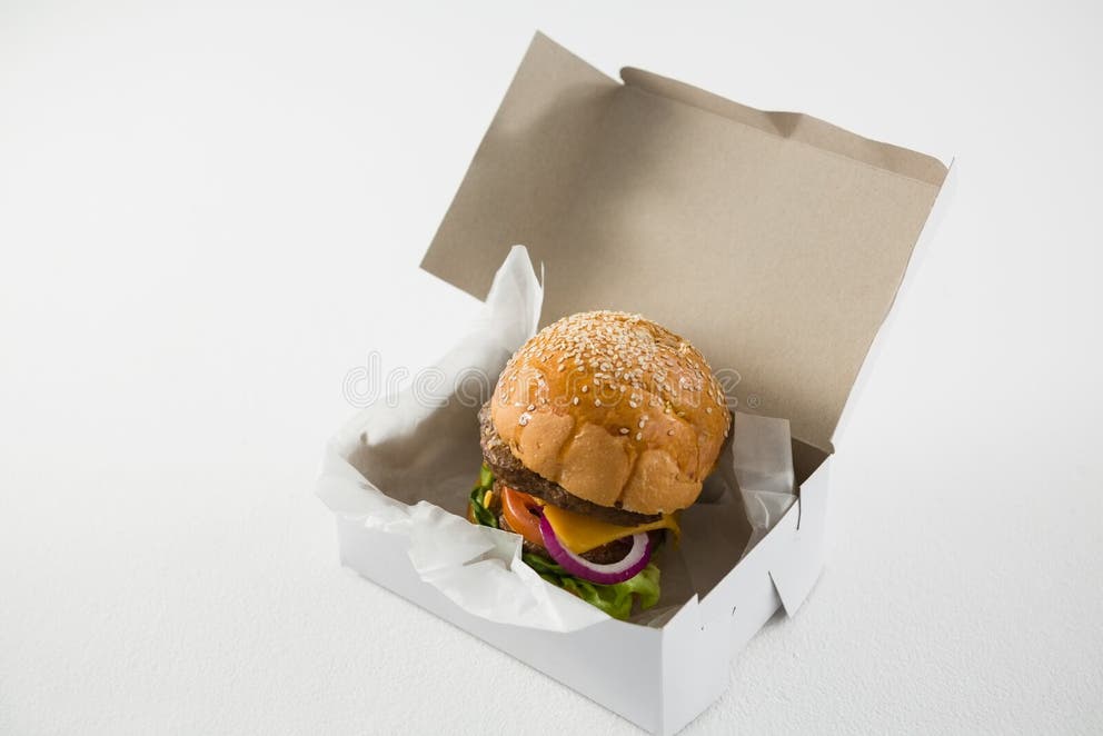 High Angle View of Cheese Burger in Box Stock Photo - Image of serving ...
