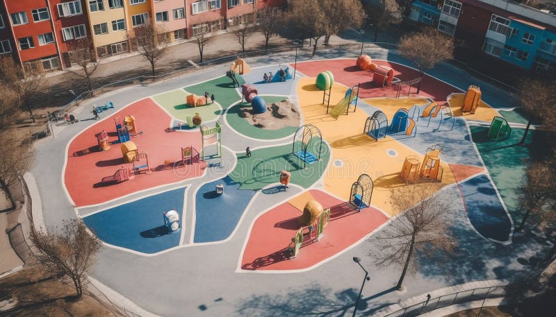From High Angle View, Children Play on Multi Colored Playground ...