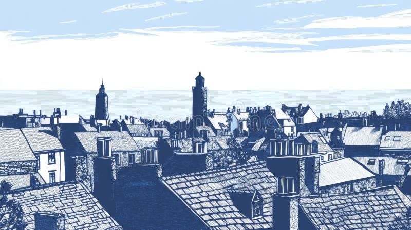 Coastal Town Rooftops Under a Blue Sky Stock Illustration ...