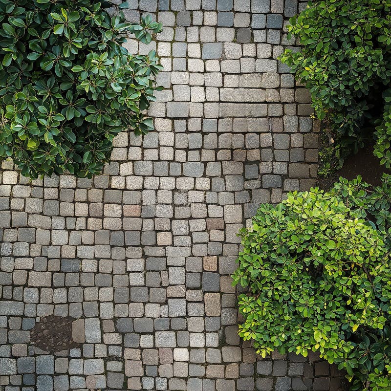 Cobblestone Pathway with Lush Green Shrubs Overhead View AI Generated ...