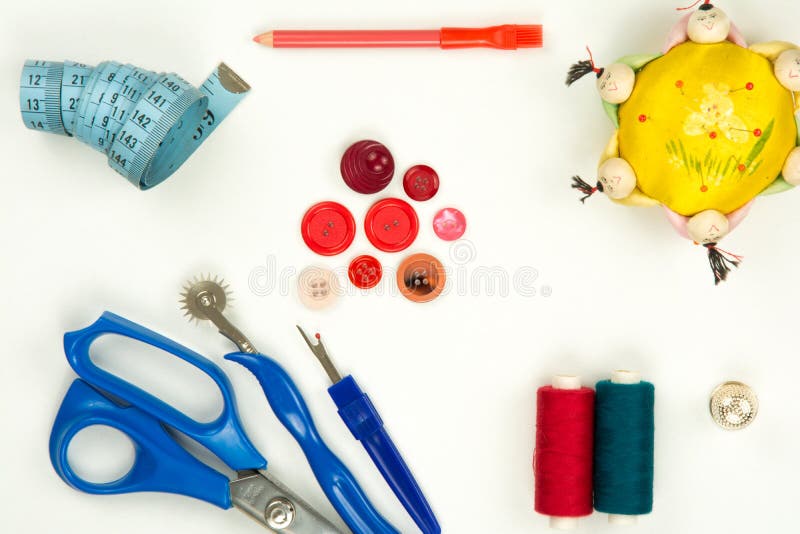 High Angle View of a Collection of Sewing Items Stock Image - Image of ...