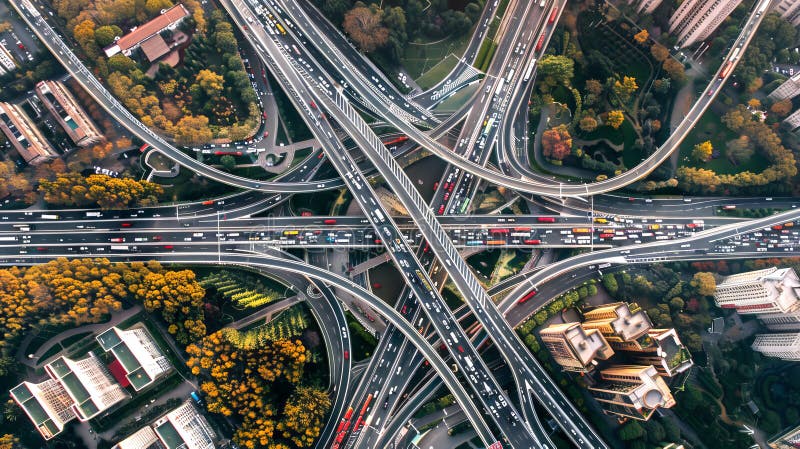 High-Angle View of a Complex Urban Highway Intersection Surrounded by ...