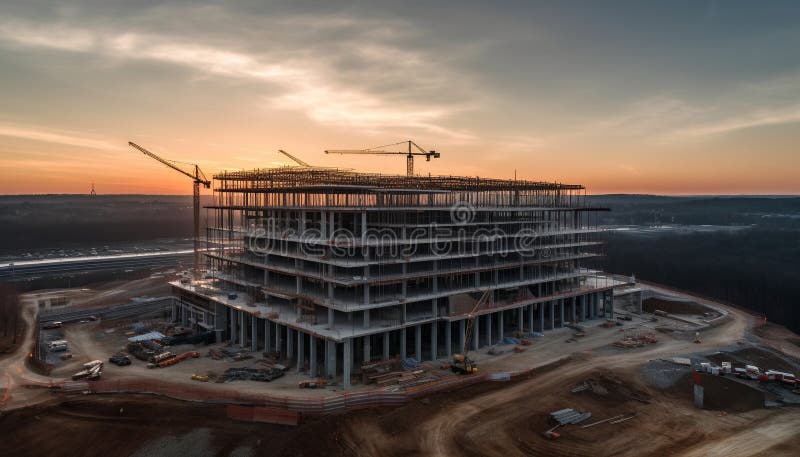 High Angle View of Construction Site at Dusk, Steel Skyscraper Rising ...