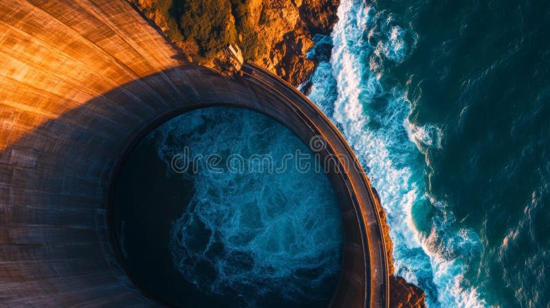 A High-angle View of a Dam with Water Surging Over the Spillway. Stock ...
