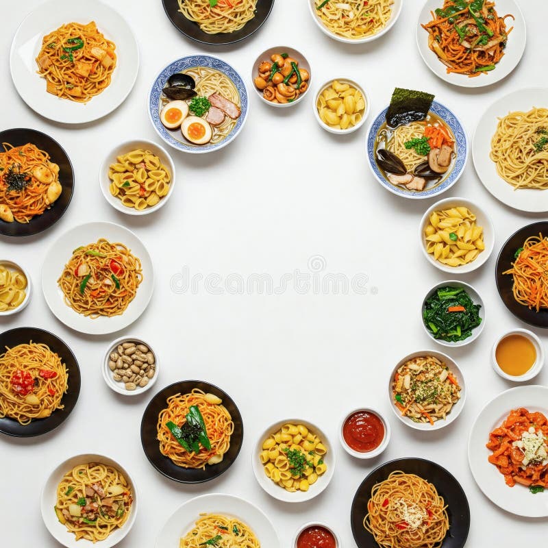 High Angle View of Different Types of Chinese Noodles on a White ...