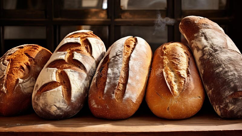 High Angle View of Diverse Artisanal Bread Loaves in Bakery Stock ...
