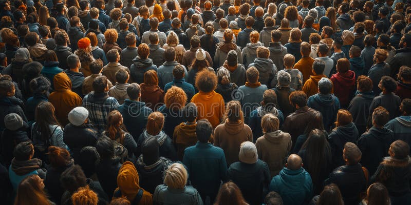 High Angle View of a Diverse Crowd Gathered, Highlighted by Sunlight ...