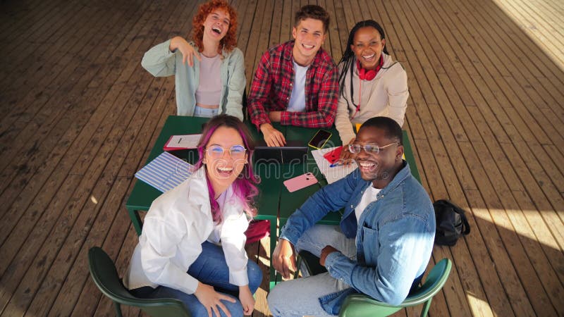 High Angle View of Diverse Group of Smiling Students Looking at Camera ...