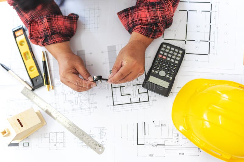 High Angle View of Engineer Asian Person Drawing Architect Plan on ...