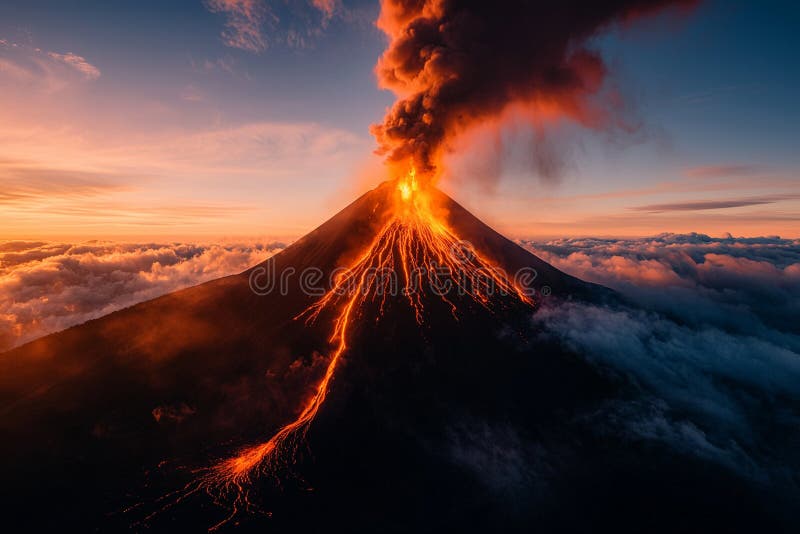 High Angle View of Erupting Volcano with Lava Flowing Down Its Slopes ...