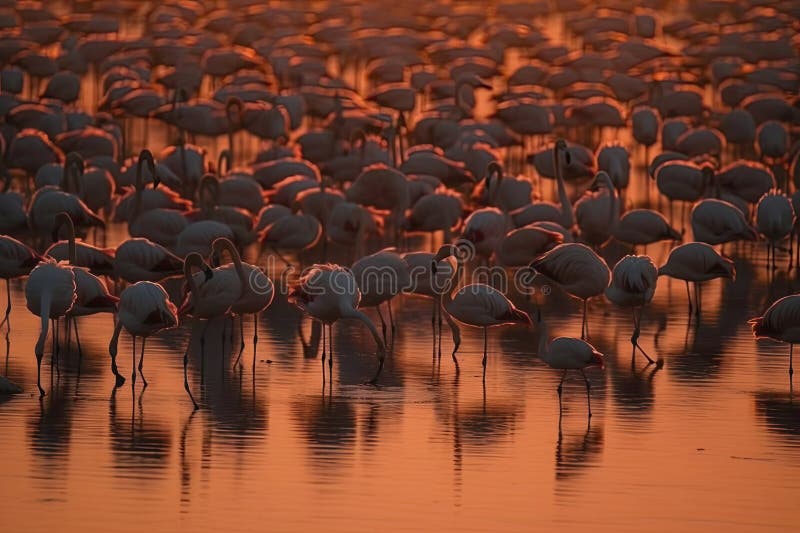 High Angle View of Flock of Flamingos Standing in Water at Sunset Stock ...