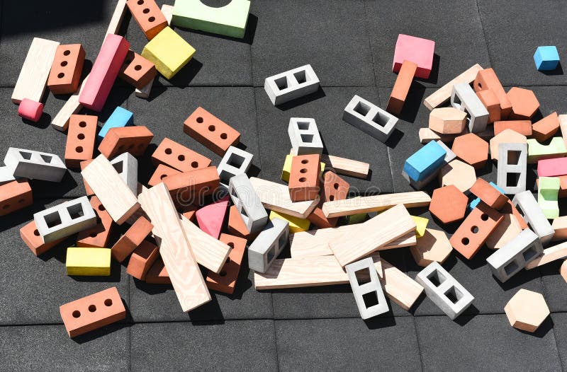 High Angle View of Foam Childrens Building Blocks Scattered on a Rubber ...