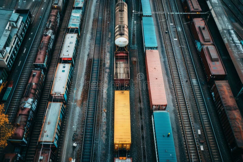 A High-angle View of a Freight Train Passing through a Railway Yard ...