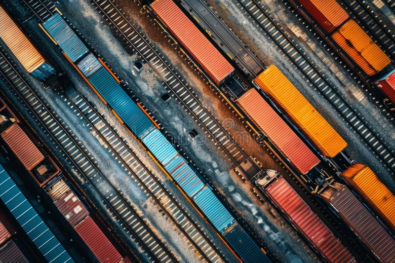 A High-angle View of a Freight Train Passing through a Railway Yard ...