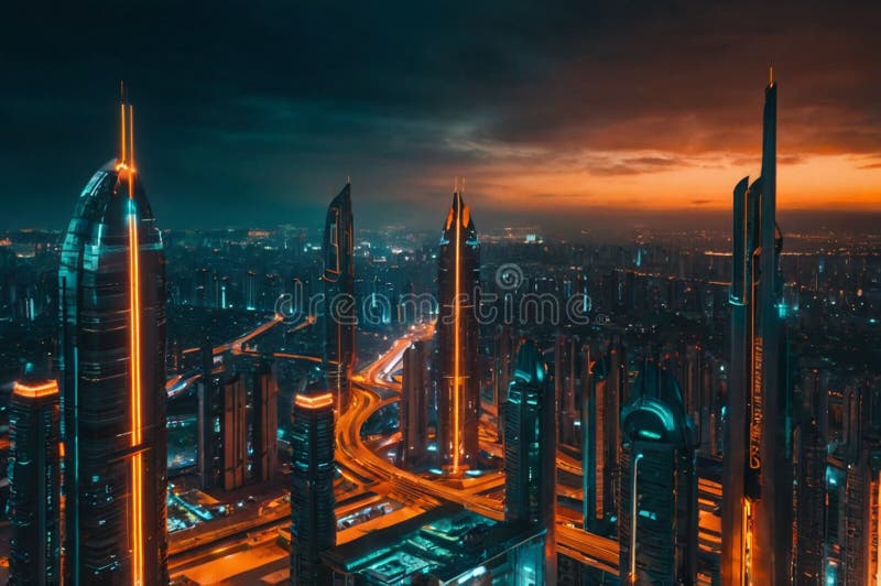 High Angle View of a Future City Skyline at Sunset in Orange and Teal ...