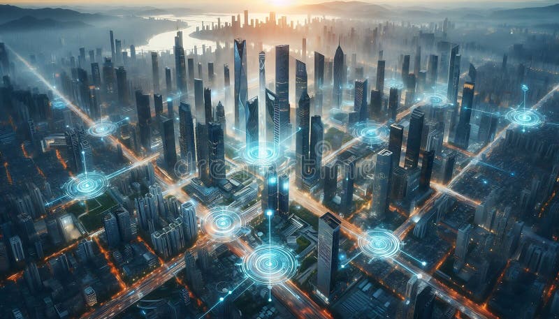 Futuristic Smart City Network - Aerial View Stock Illustration ...