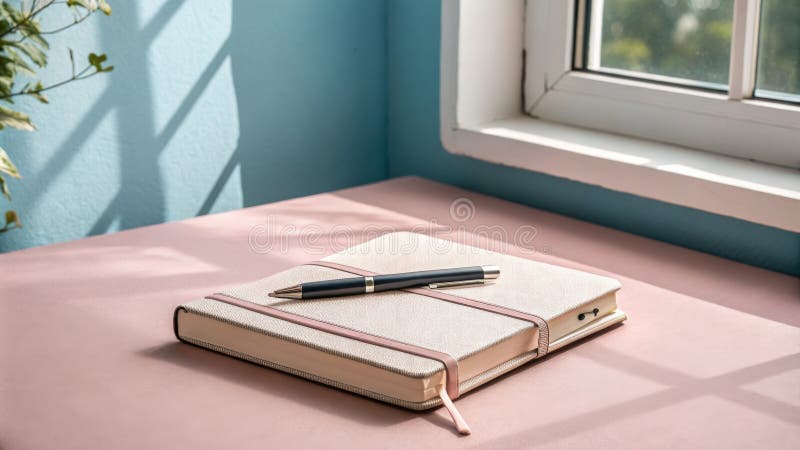 High-Angle View Gold Notebook, Pen, Pink Surface, Sunlit Window Stock ...