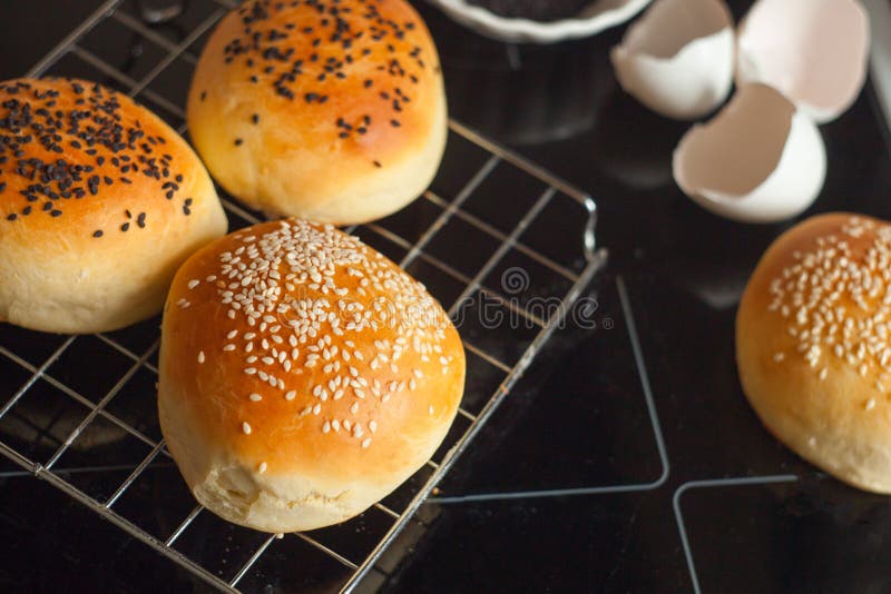 High Angle View of Homemade Fresh Burger Buns on a Wire Rack. Stock ...