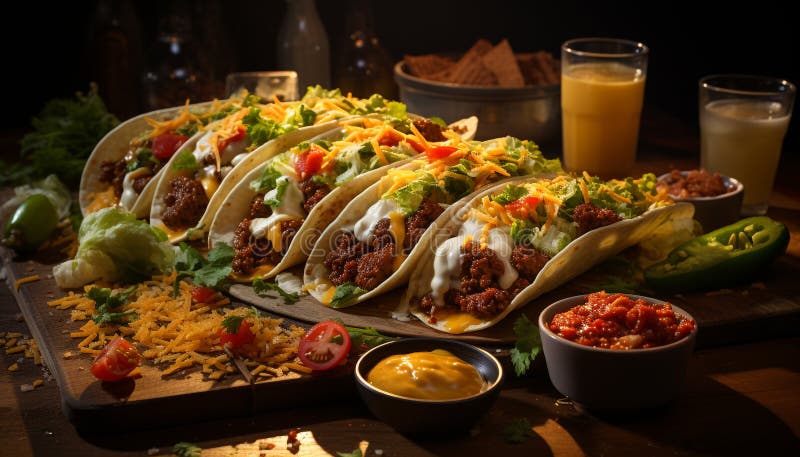 A High Angle View of a Homemade Taco Plate with Cheddar Cheese ...