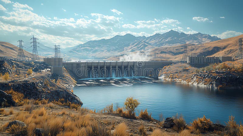 High Angle View of Hydroelectric Dam Surrounded by Mountains and Water ...