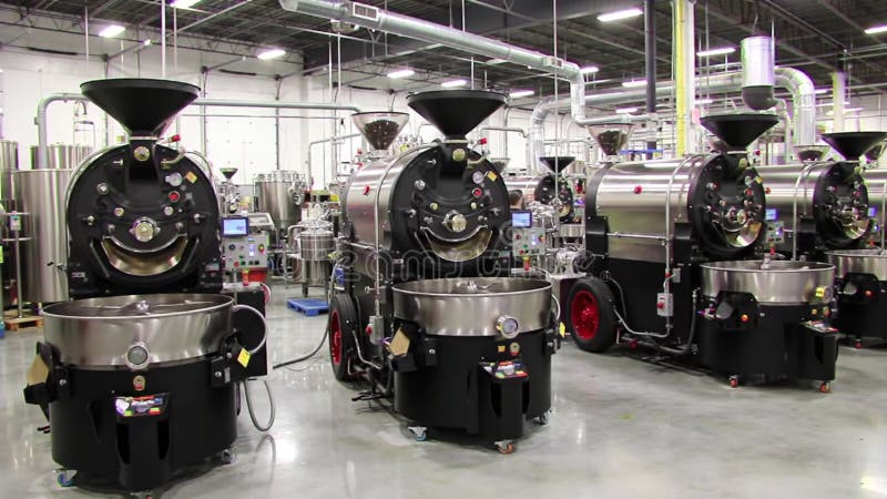Industrial Coffee Roasting Facility Interior: High-Angle View of Stainless Steel and Black ...