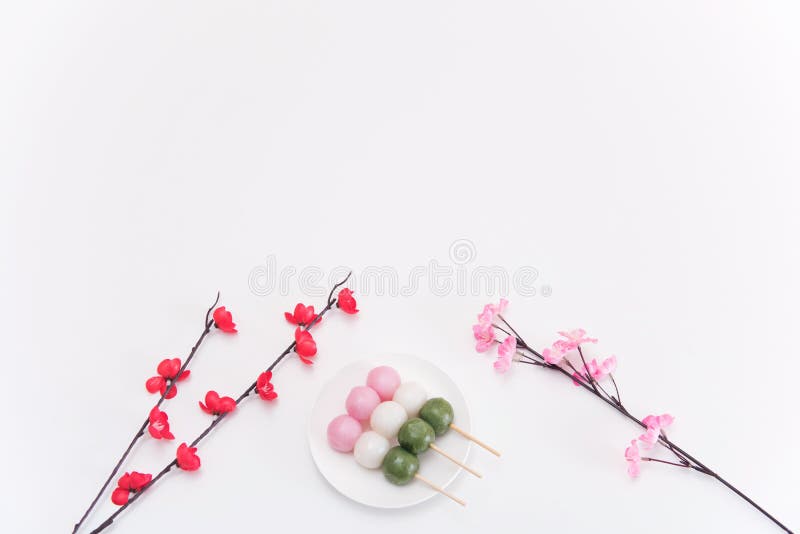 High Angle View on Japanese Three Colour Dango Dumplings on White ...