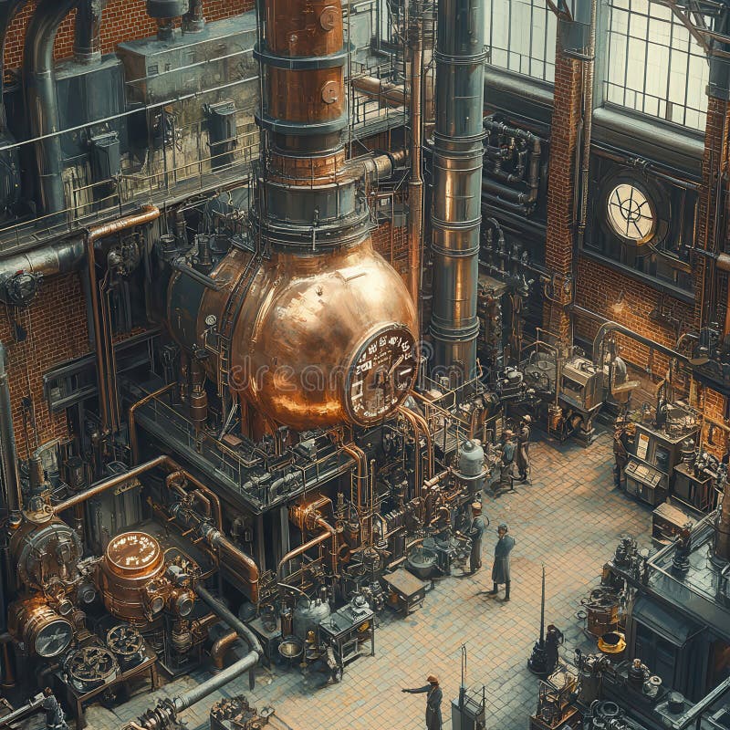 Dark Gritty Steampunk Industrial Interior with Copper Machinery and ...