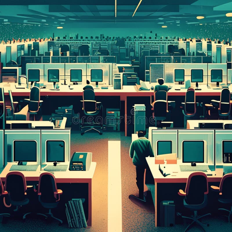 High Angle View of a Large Modern Office with Rows of Computer Desks ...