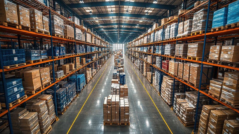 High-angle View of a Large Warehouse with Rows of Stacked Boxes on ...