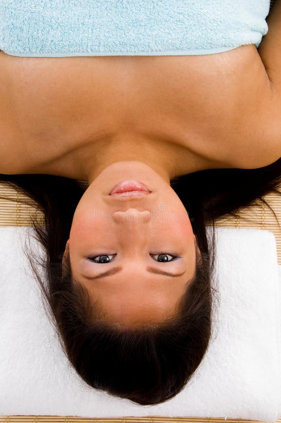 High Angle View of Laying Woman Looking at Camera Stock Photo - Image ...