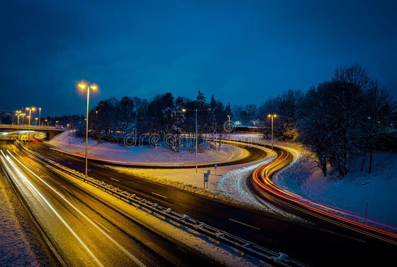High Angle View of Light Trails on Highway at Night Stock Image - Image ...