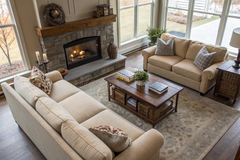 High Angle View of Living Room with Comfortable Sofas Stock ...